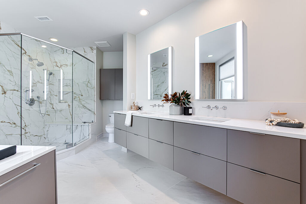 Modern Master Bath with Floating Vanity Cabinets