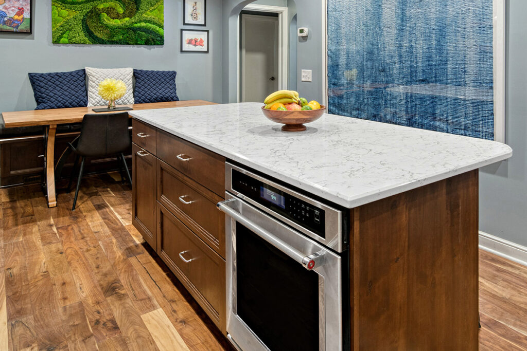 Full Overlay White Kitchen Cabinets & Blue Tile Backsplash