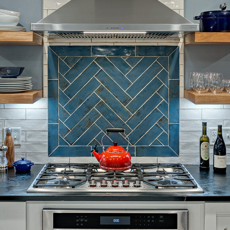 Full Overlay White Kitchen Cabinets & Blue Tile Backsplash