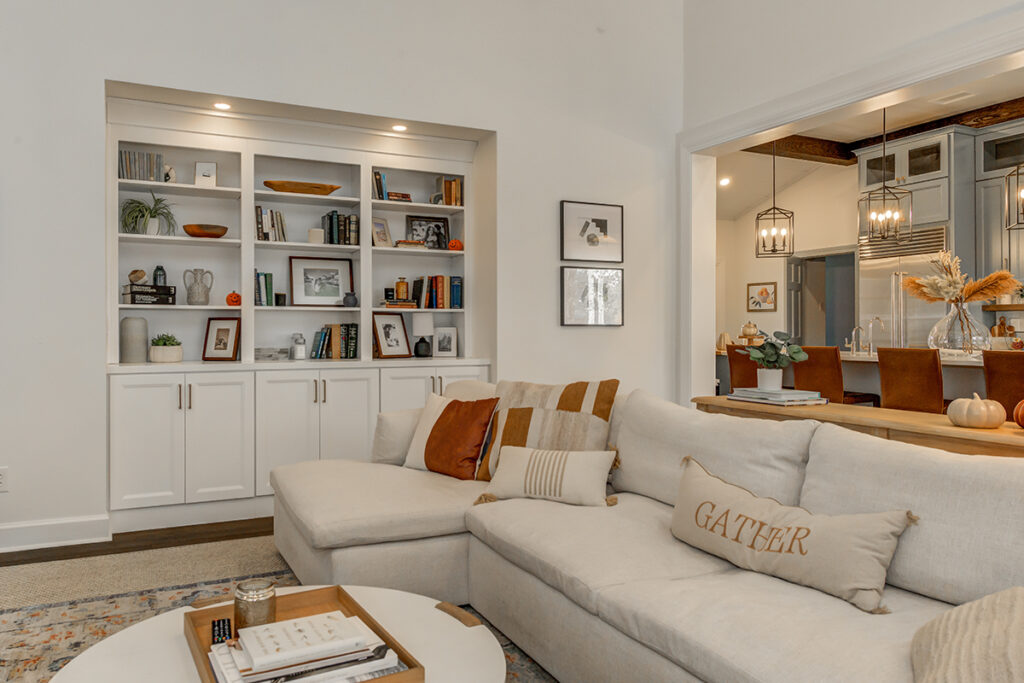 Full Overlay Gray Kitchen Cabinets With Gold Hardware