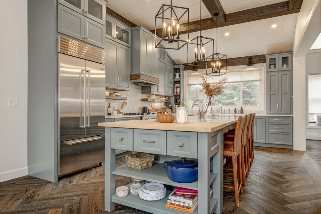 Full Overlay Gray Kitchen Cabinets With Gold Hardware