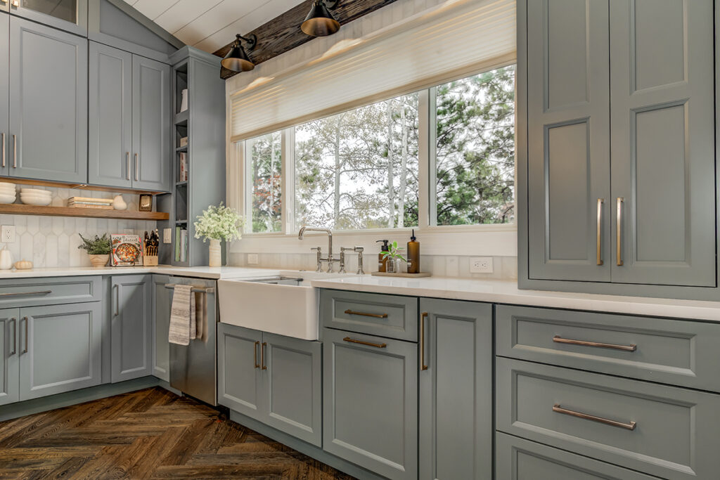 Full Overlay Gray Kitchen Cabinets With Gold Hardware