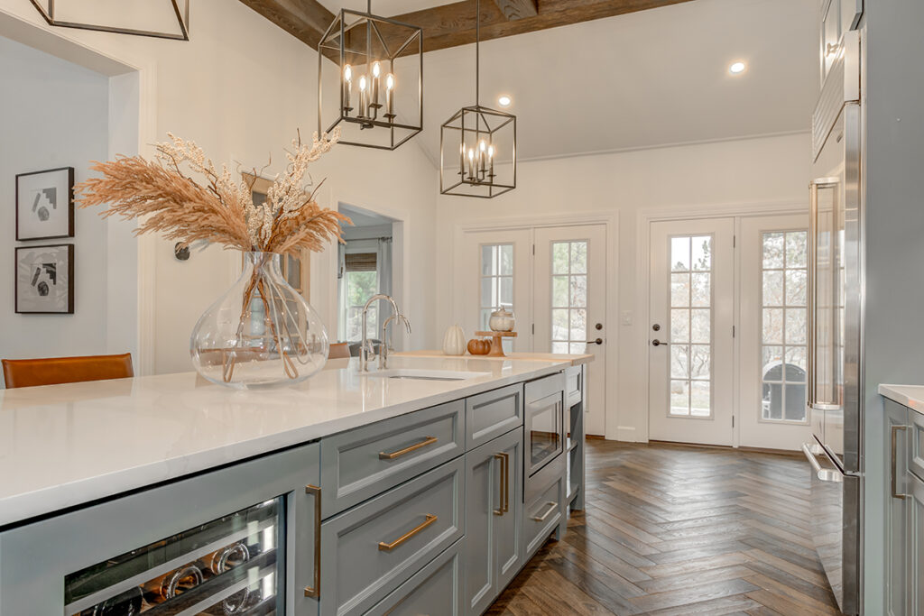 Full Overlay Gray Kitchen Cabinets With Gold Hardware
