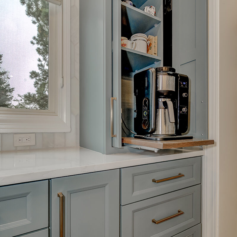 Full Overlay Gray Kitchen Cabinets With Gold Hardware