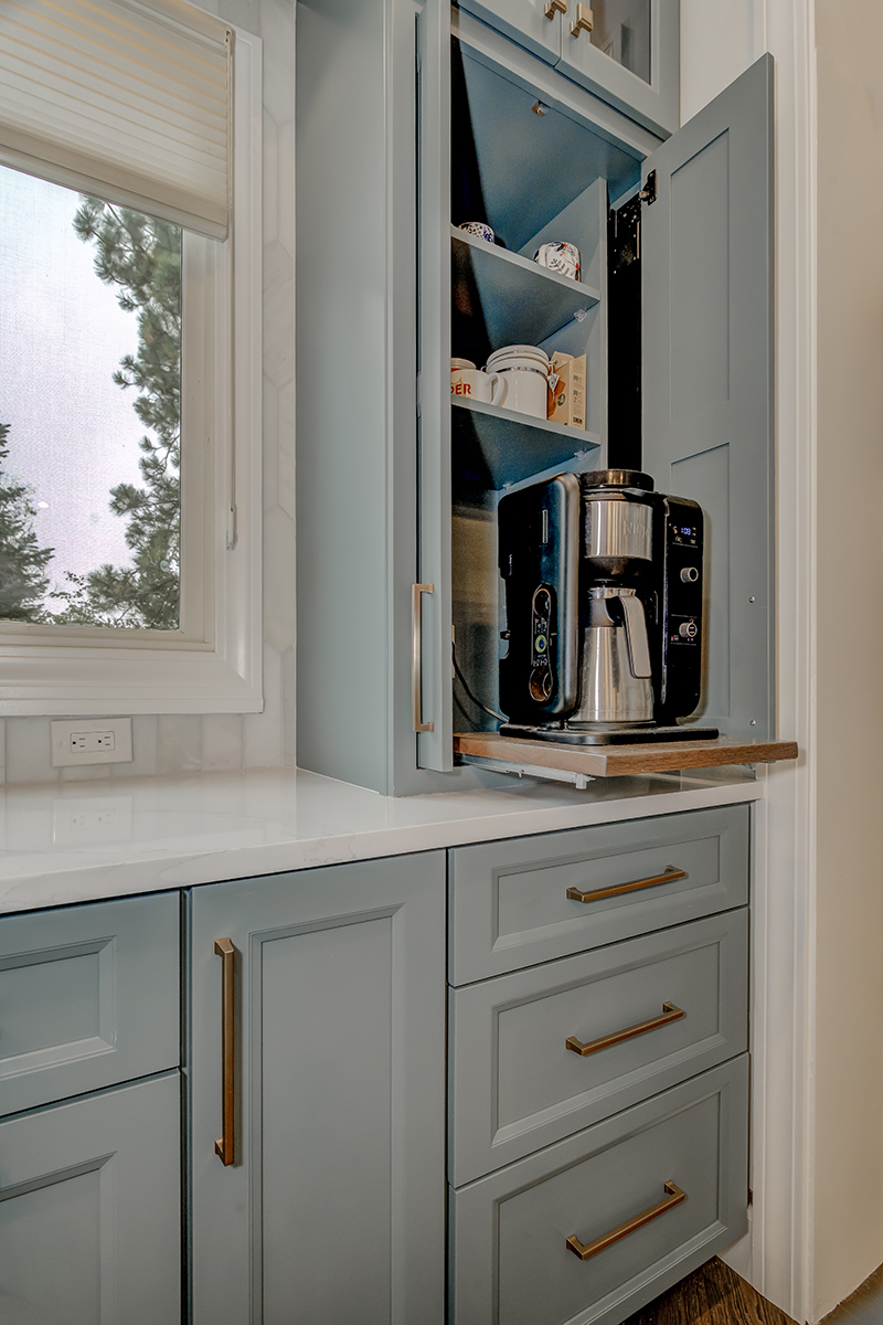 Full Overlay Gray Kitchen Cabinets With Gold Hardware