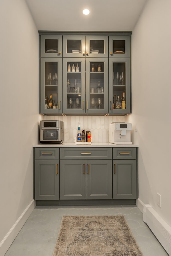 Full Overlay Gray Kitchen Cabinets With Gold Hardware