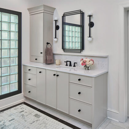White Cabinets with Black Hardware - Master Bathroom Design
