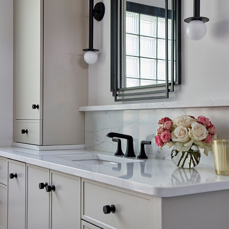 White Cabinets with Black Hardware - Master Bathroom Design