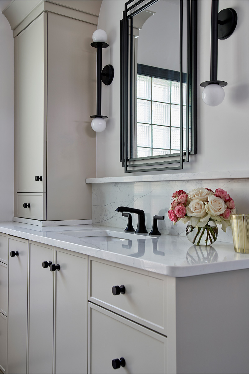 White Cabinets with Black Hardware - Master Bathroom Design
