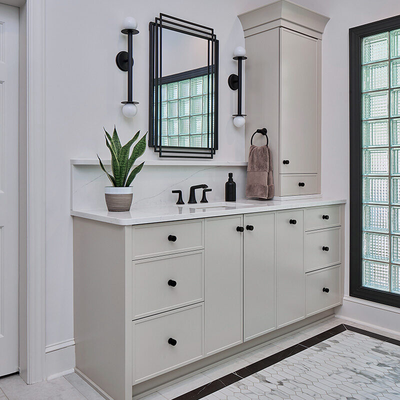 White Cabinets with Black Hardware - Master Bathroom Design