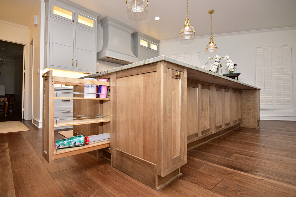 Cashew Kitchen Island with White & Gold Cabinets