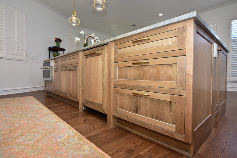 Cashew Kitchen Island with White & Gold Cabinets