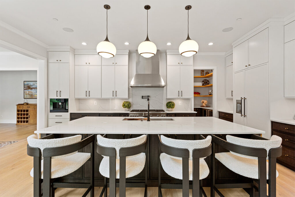 Simple Kitchen Accented with Acoustic Slat Wood Wall Panels